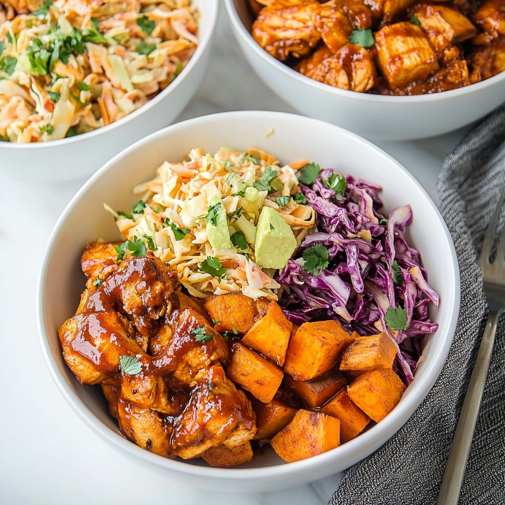 BBQ Chicken Bowls with Sweet Potatoes and Coleslaw