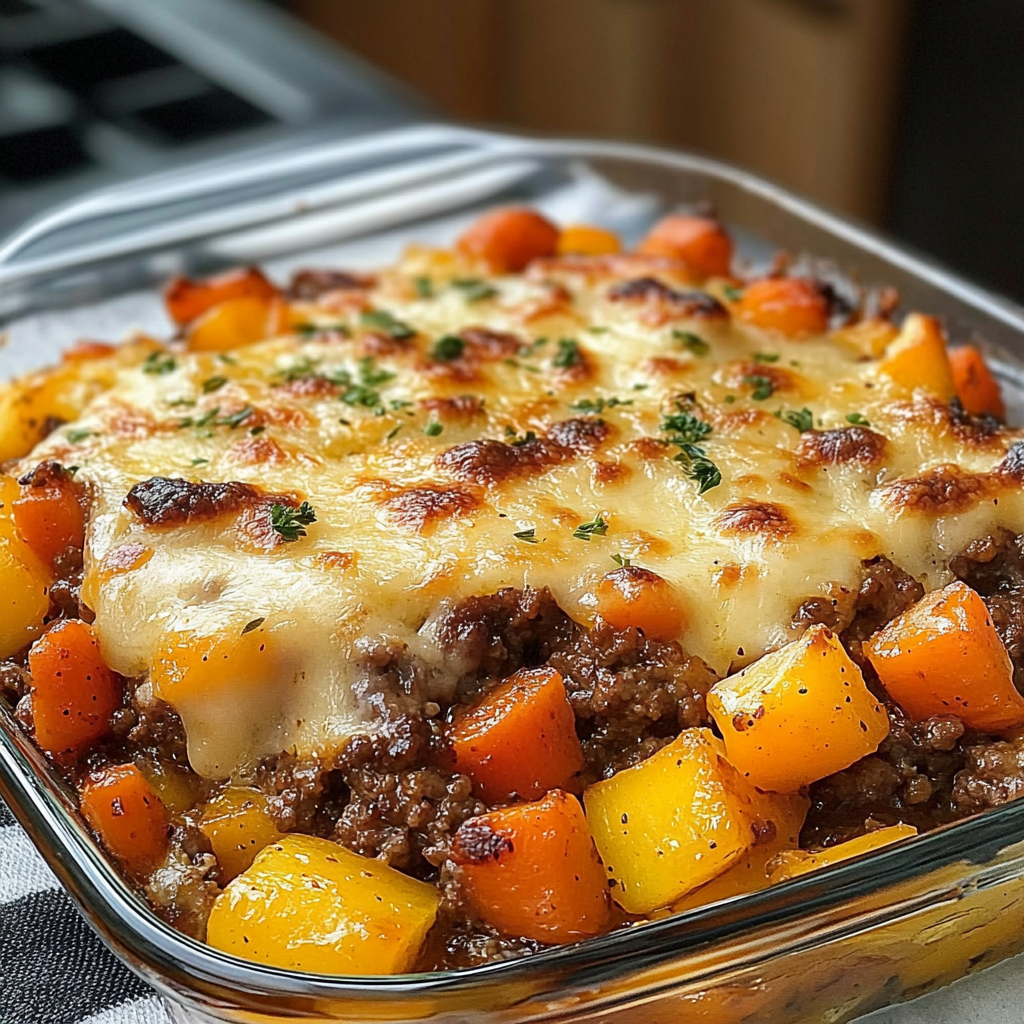 Amish Hamburger with Fall Veggies Bake