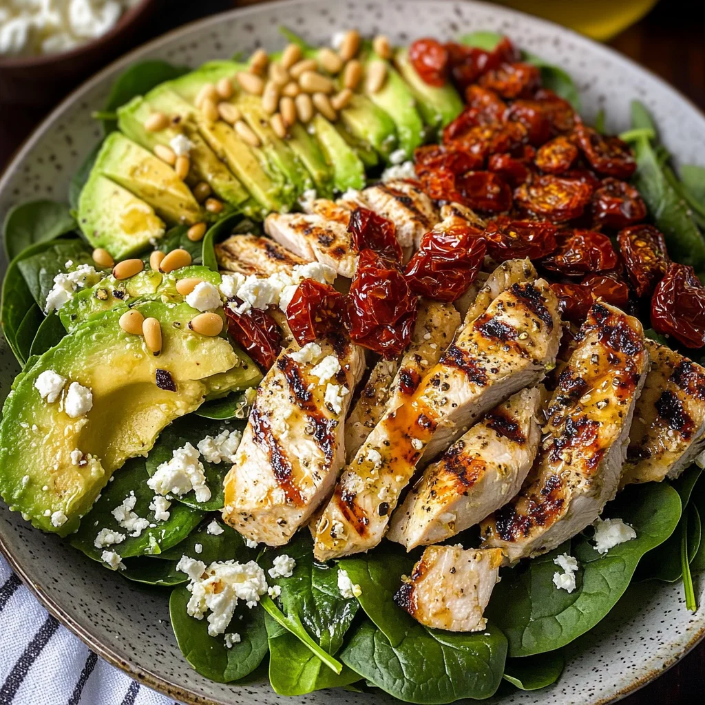 Grilled Chicken Sun Dried Tomato and Avocado Spinach Salad