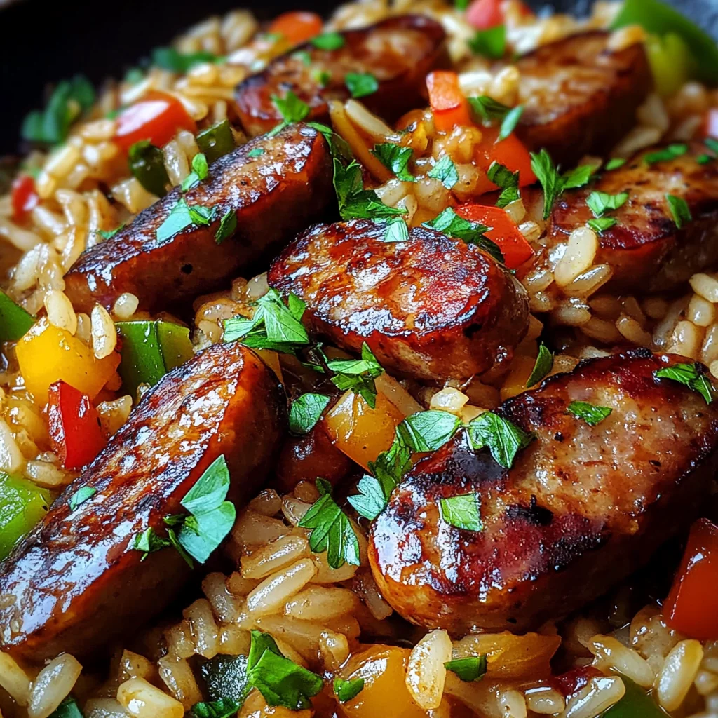 Sticky Honey BBQ Garlic Butter Sausage Rice Skillet